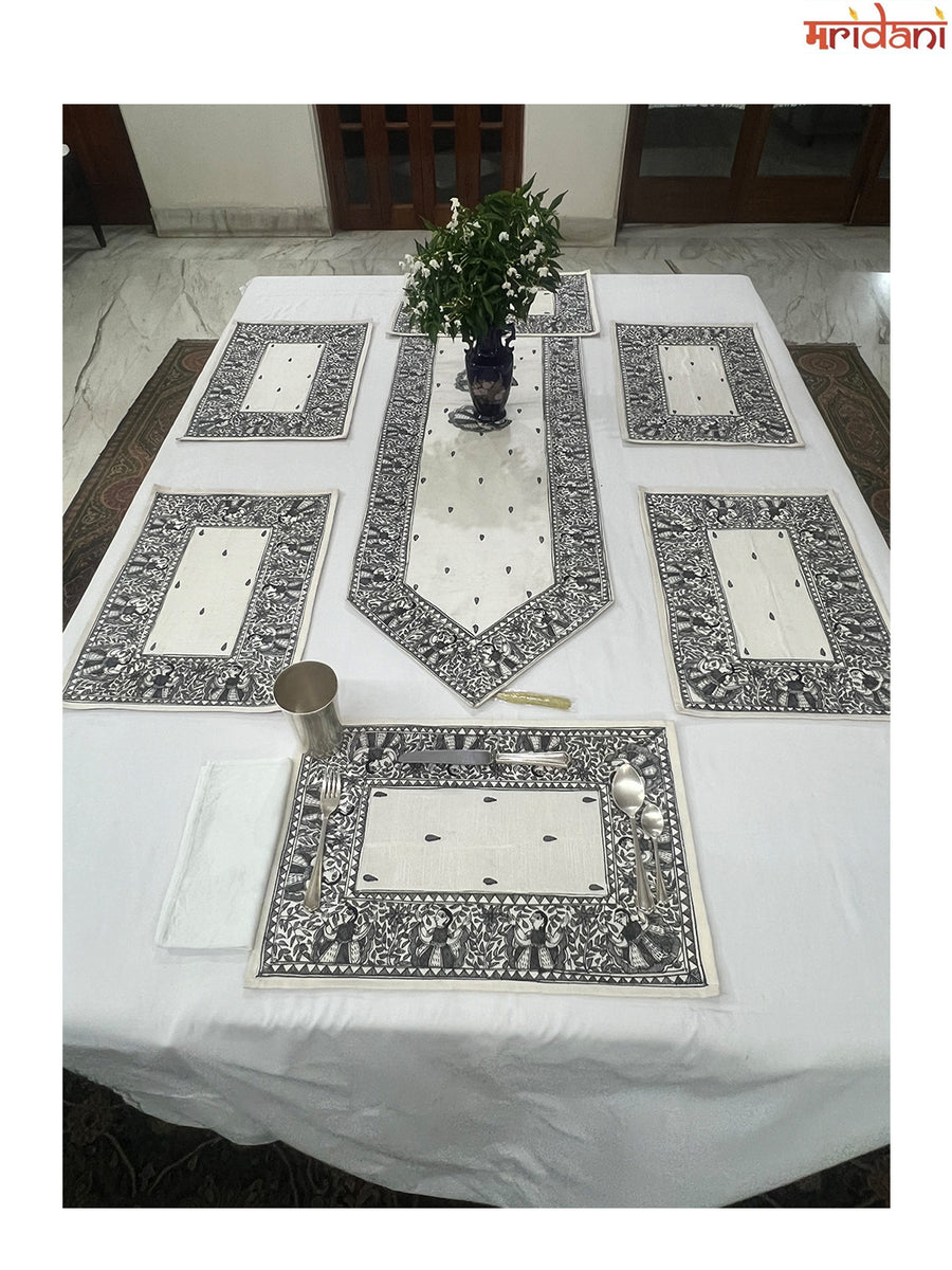Hand-Painted Madhubani Table Mat Set – B&W Dancing Doll Design – Mridani